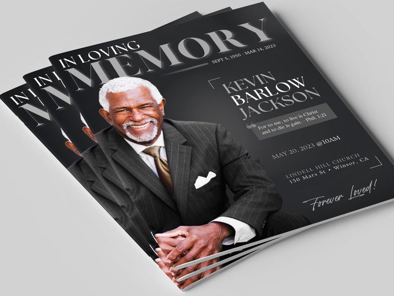 Black Dawn Funeral Program Template: 8 Page Magazine-style Bifold ...