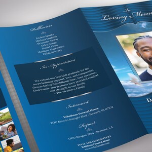 Blue Silver Funeral Program Template: Trifold Celebration of Life ...