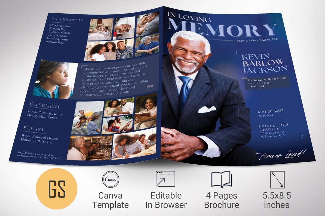 Blue Dawn Funeral Program Template: Magazine Style Obituary (canva, 5 ...
