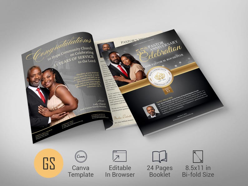 Church Anniversary Souvenir Book Canva Template: Black and Gold, 24 ...