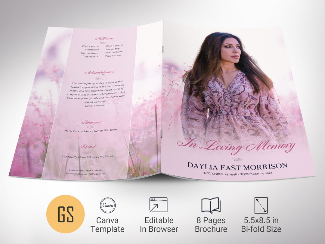 Pink Love Funeral Program Template for Canva, Celebration of Life ...