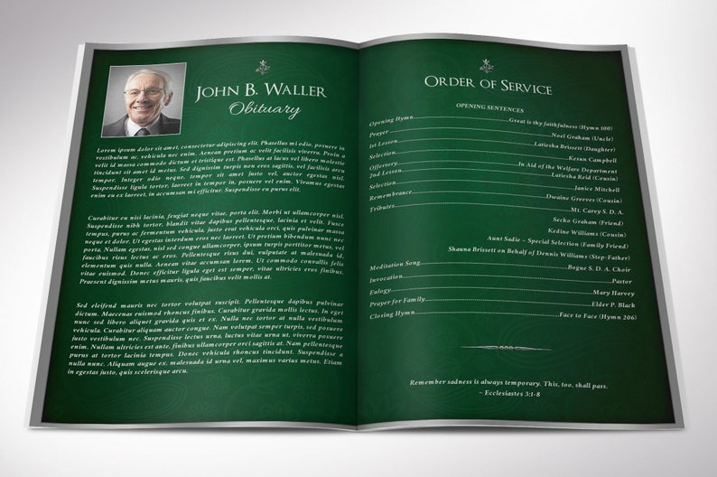Green Silver Funeral Program Template for Word and Publisher - Etsy