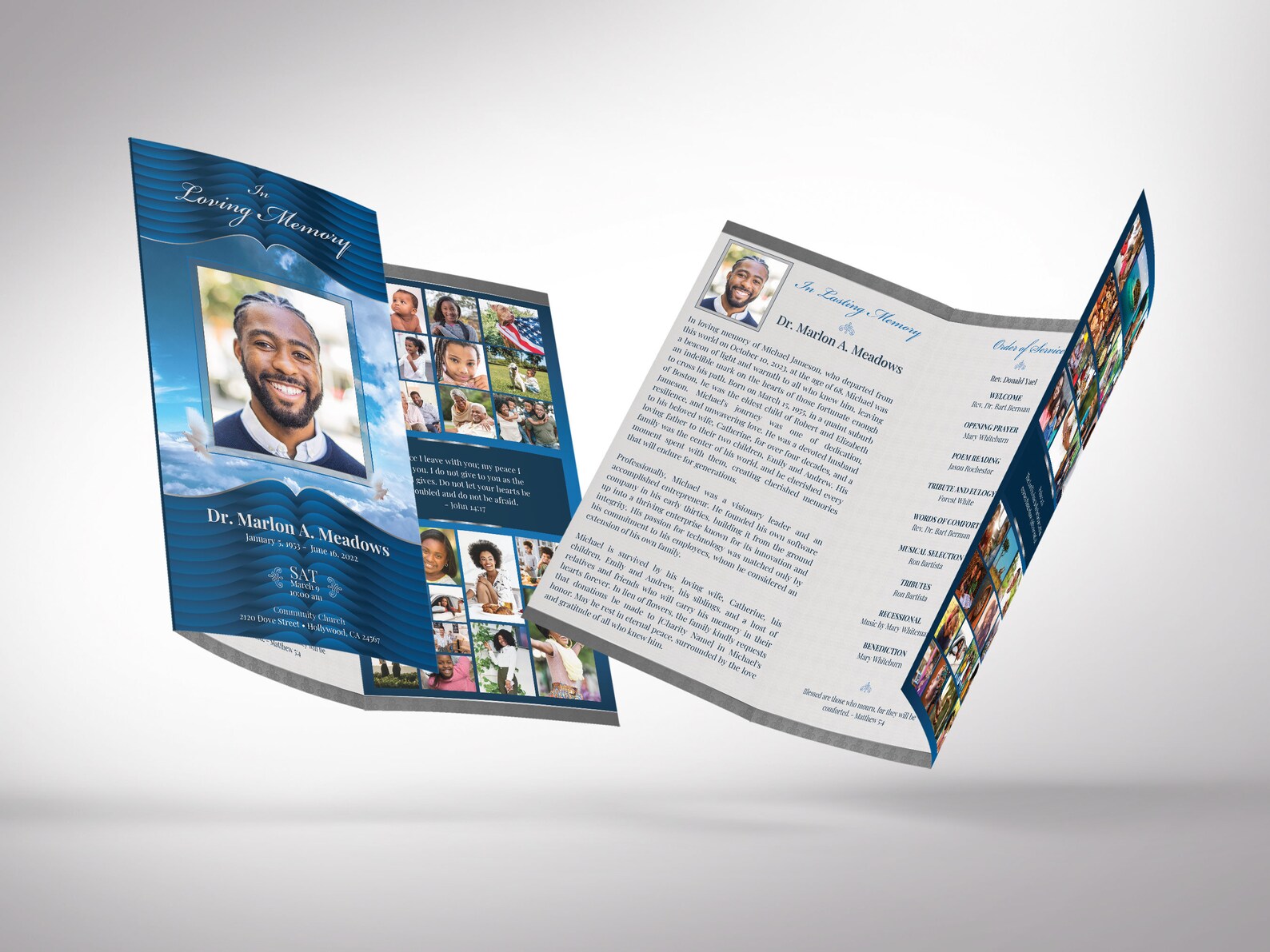 Blue Silver Funeral Program Template: Trifold Celebration of Life ...