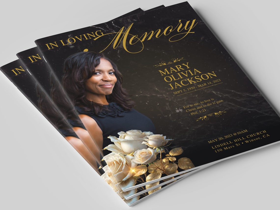 Rose Funeral Program Template: Black & Gold, 8-page Magazine Style ...
