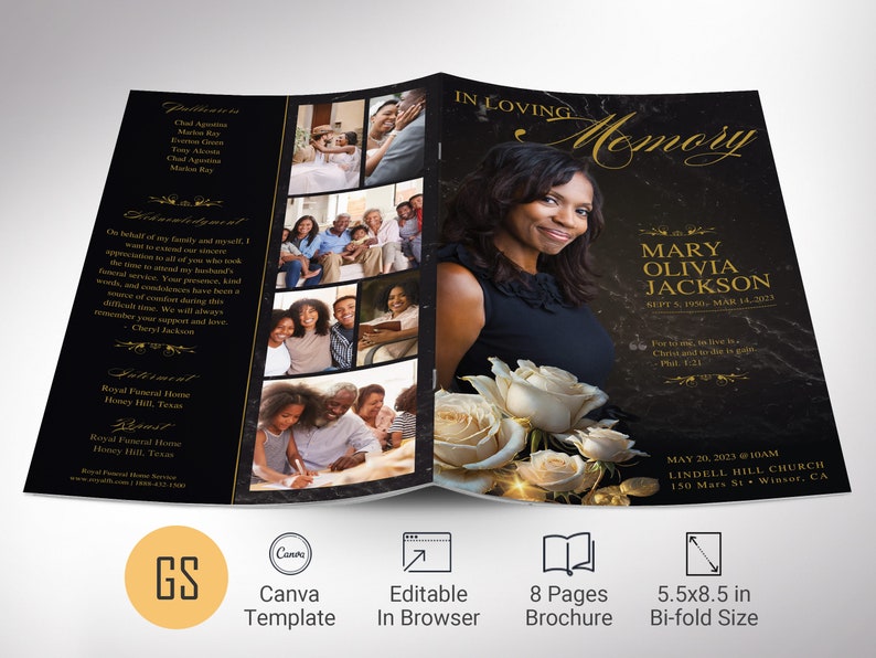 Classic Rose Funeral Program Template: Black & Gold, 8 Pages (canva ...