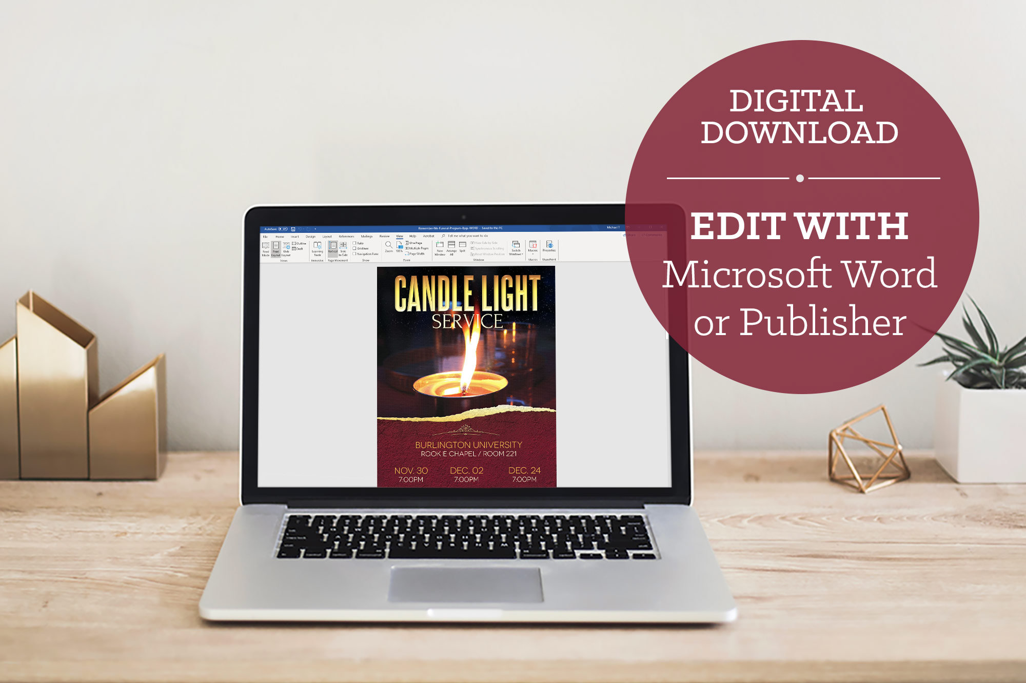 Candlelight Service Flyer Template: Burgundy & Gold (word, 5.5x8.5 ...