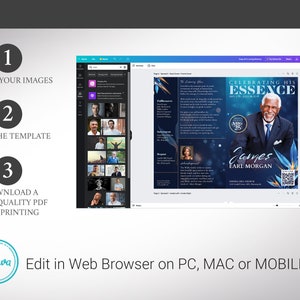 Blue Funeral Program Template for Canva, 8-page Bifold, Floral Navy ...