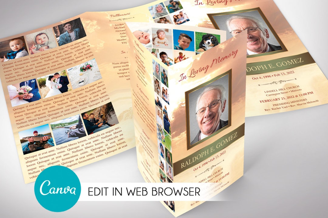 Gold Sunrise Funeral Program Template: Editable Trifold Obituary (canva ...