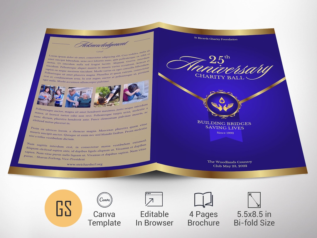 Violet Gold Anniversary Gala Program Template for Canva, Violet Gold ...