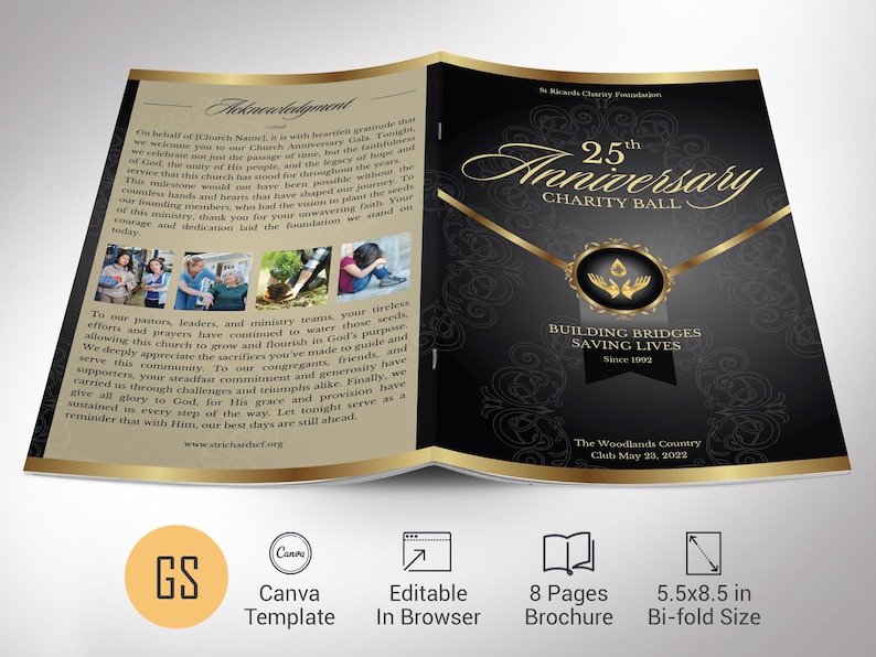 Black Gold Anniversary Gala Program Template: 8-page Bifold Church ...