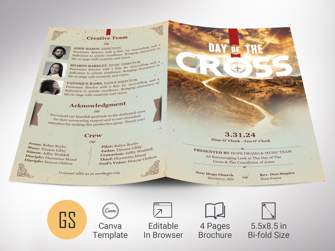 Cross Day Easter Program Template for Canva, Vintage Green Gold Church ...