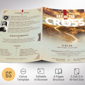 Cross Day Easter Program Template for Canva, Vintage Green Gold Church Bulletin, Easter Musical ...