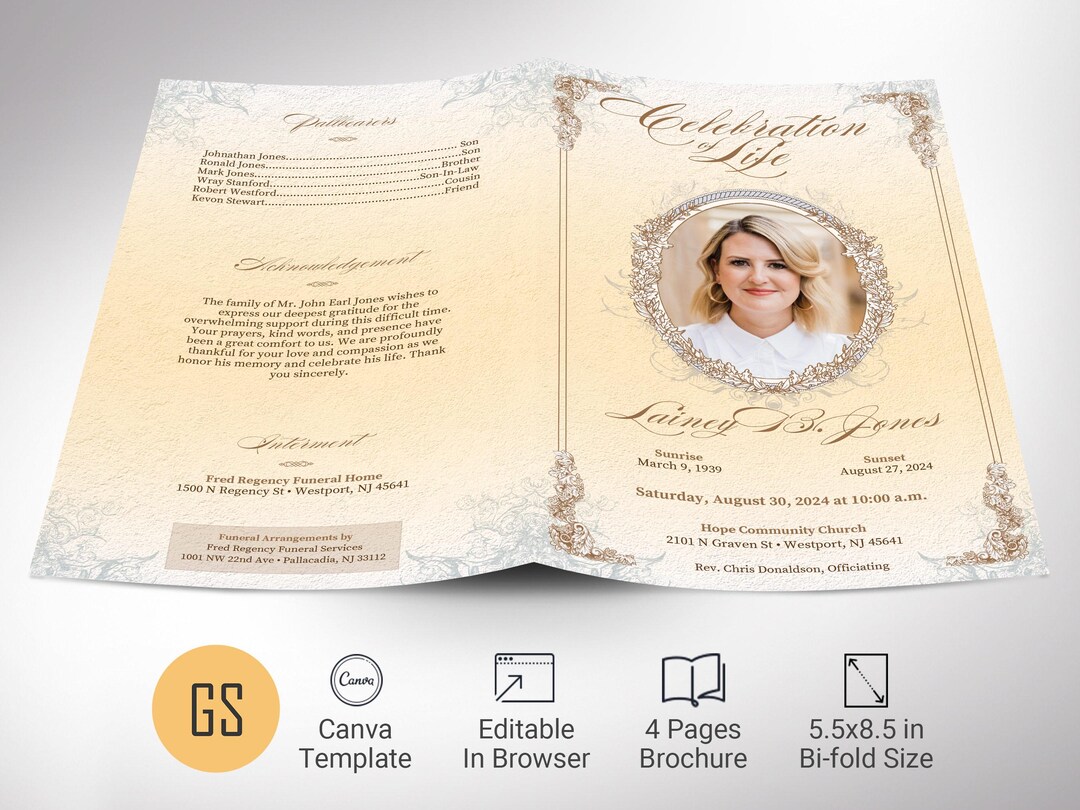 Victorian Funeral Program Template: Gold Beige 4 Page Memorial Obituary ...