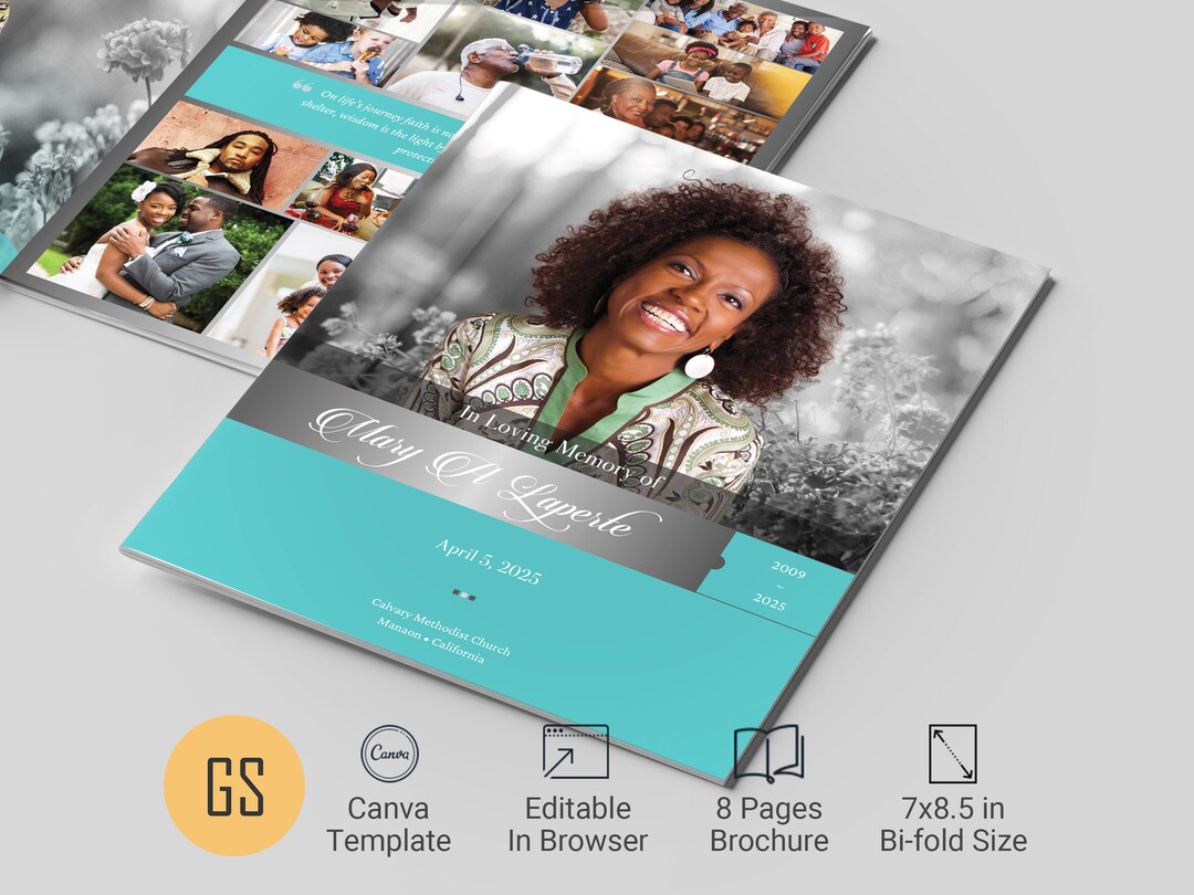 Remember Funeral Program Template for Canva, Legal Size (8.5x14), Teal ...