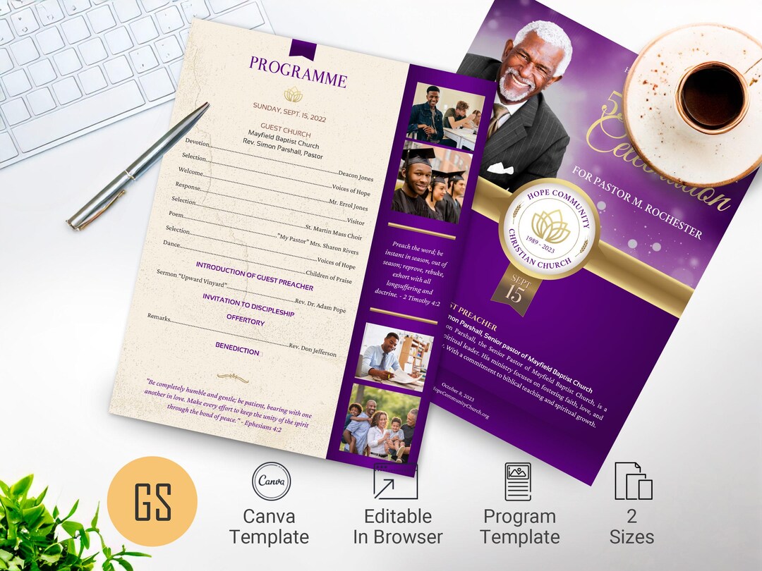 Purple & Gold Pastor Anniversary Program Template: One Page Church ...