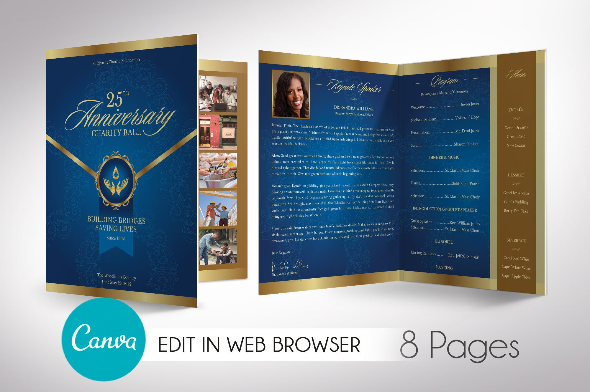 Blue & Gold Anniversary Gala Program Template | Canva: 8-page Bifold ...