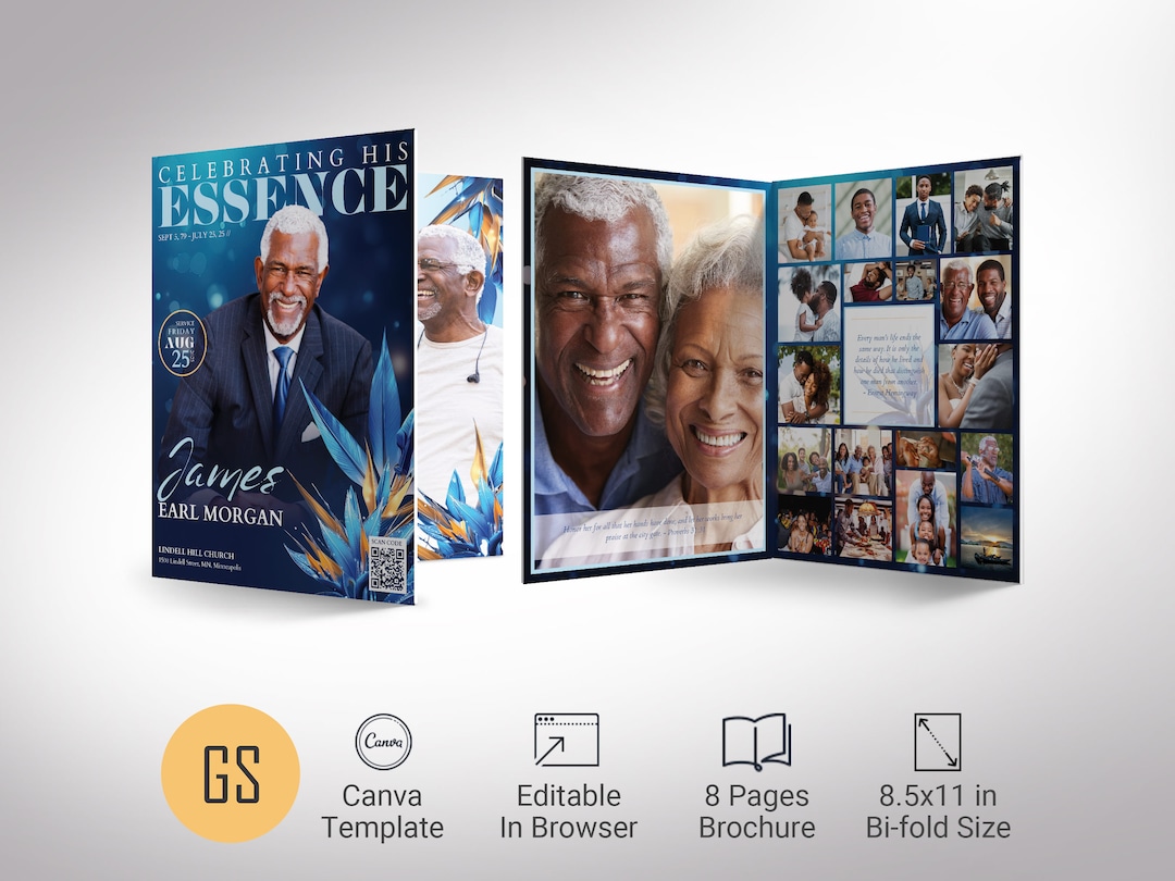 Blue Floral Funeral Program Template: Canva Magazine-style Obituary (8 ...
