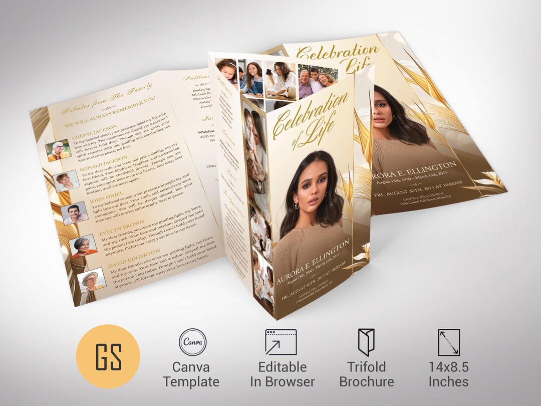 Beige Funeral Program Template: Trifold Celebration of Life Obituary ...