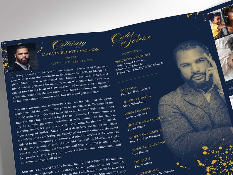 Navy Blue & Gold Funeral Program Template: Classic Trifold Obituary ...