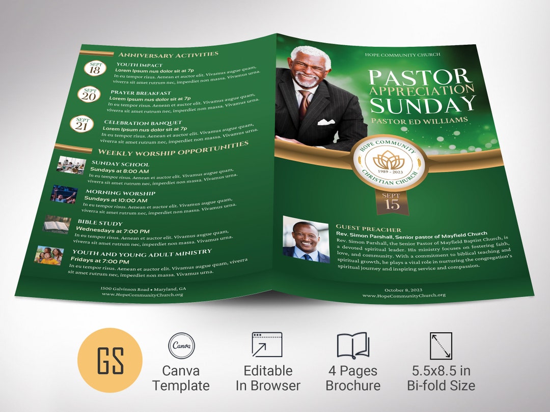Pastor Appreciation Program Template: Green & Gold Church Event (canva ...