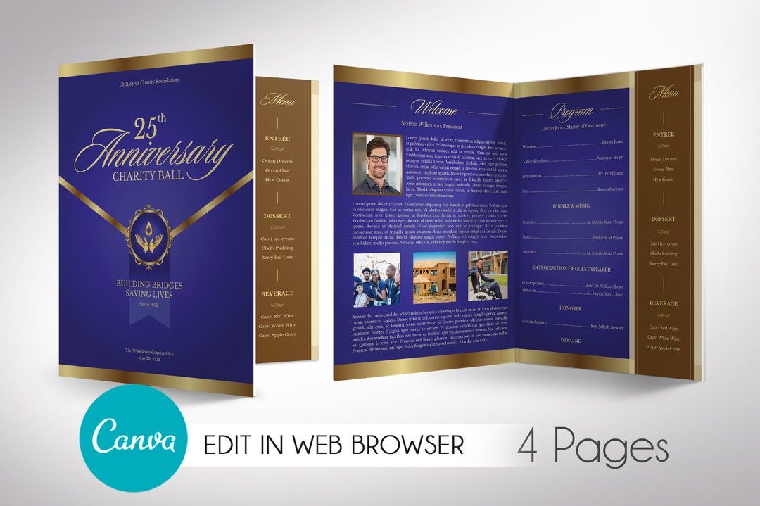 Violet Gold Tabloid Anniversary Gala Program Template for Canva, Church ...