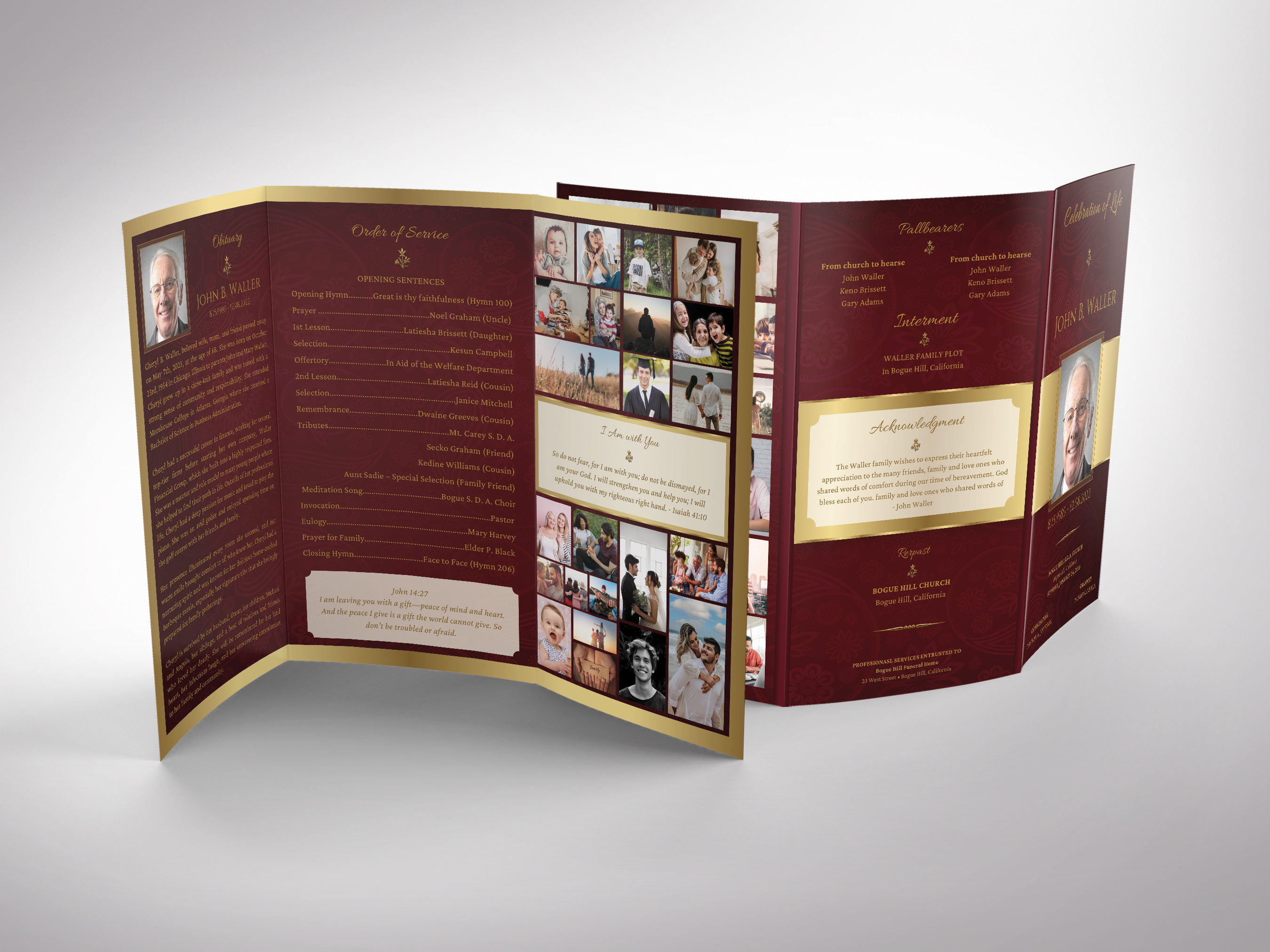 Maroon & Gold Funeral Program Template: Legal Trifold Obituary (canva ...