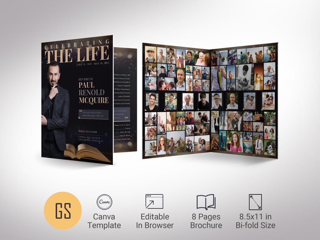 Black Tabloid Funeral Program Template, Canva, Black Bokeh & Gold ...
