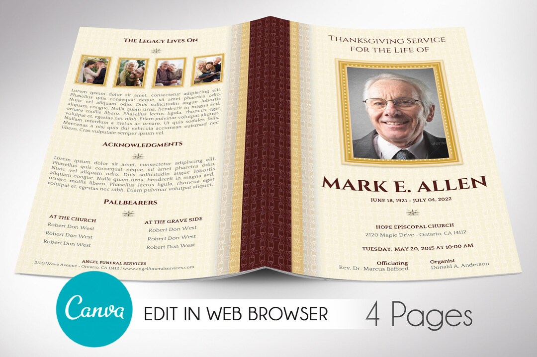 Legacy Funeral Program Template, Canva Template Beige Celebration of ...
