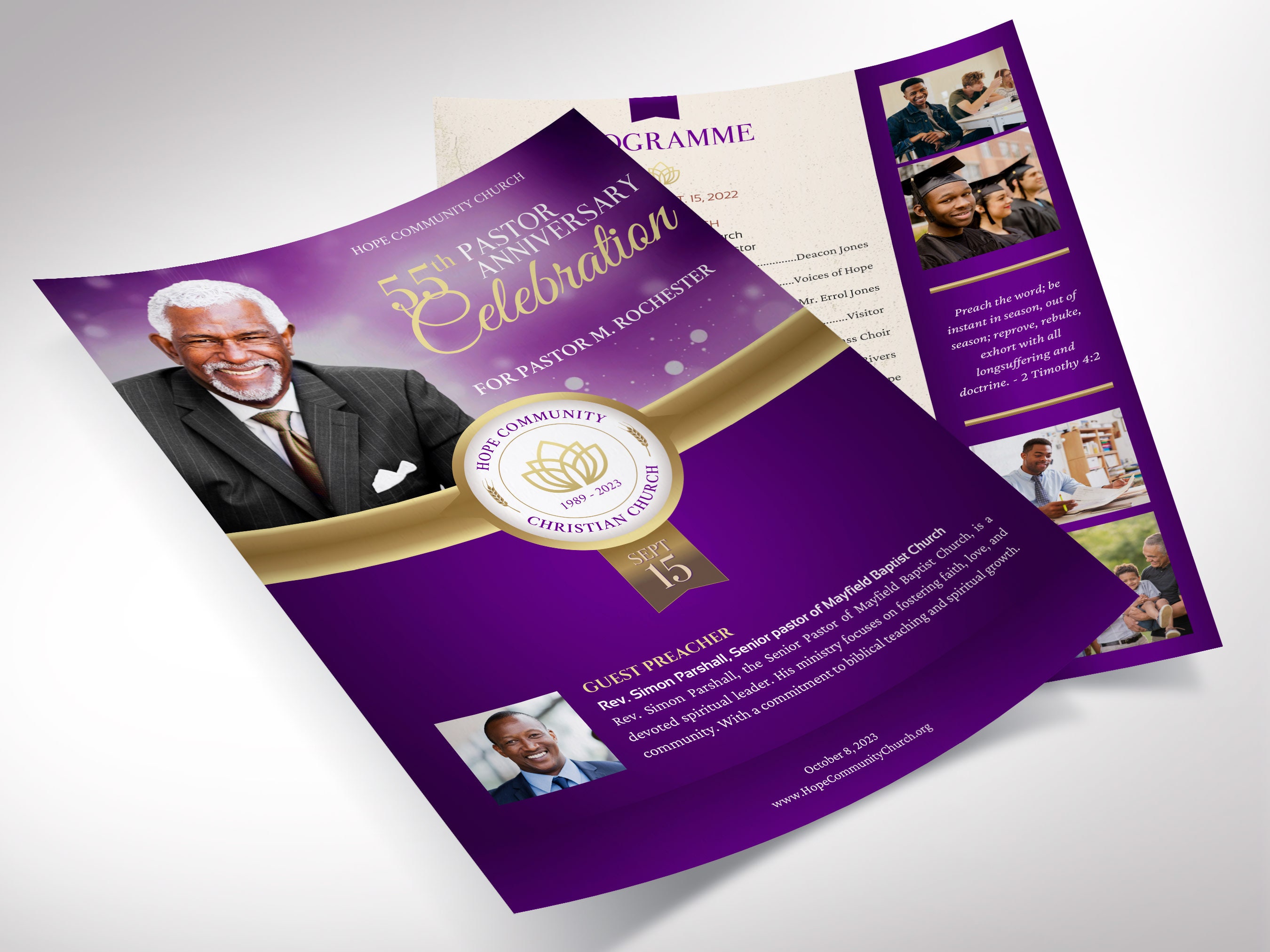 Purple & Gold Pastor Anniversary Program Template: One Page Church ...