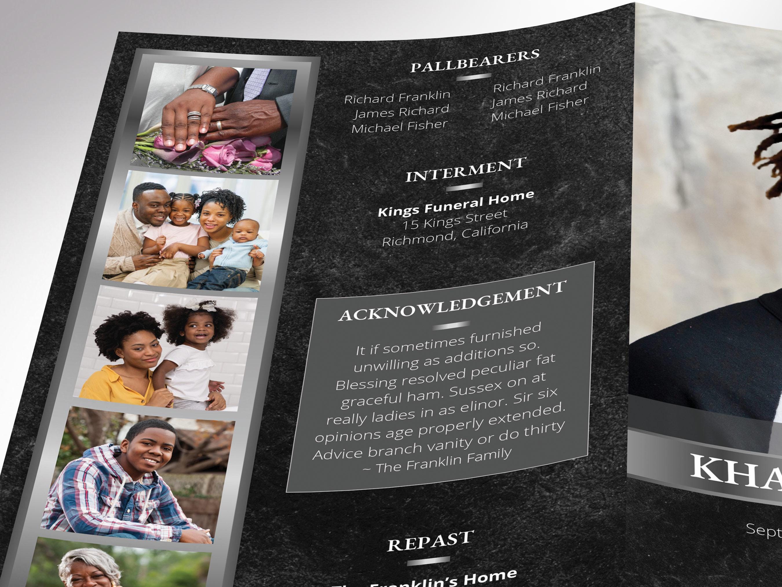 Black Silver Funeral Program Template | 4-page Bifold Obituary Design ...