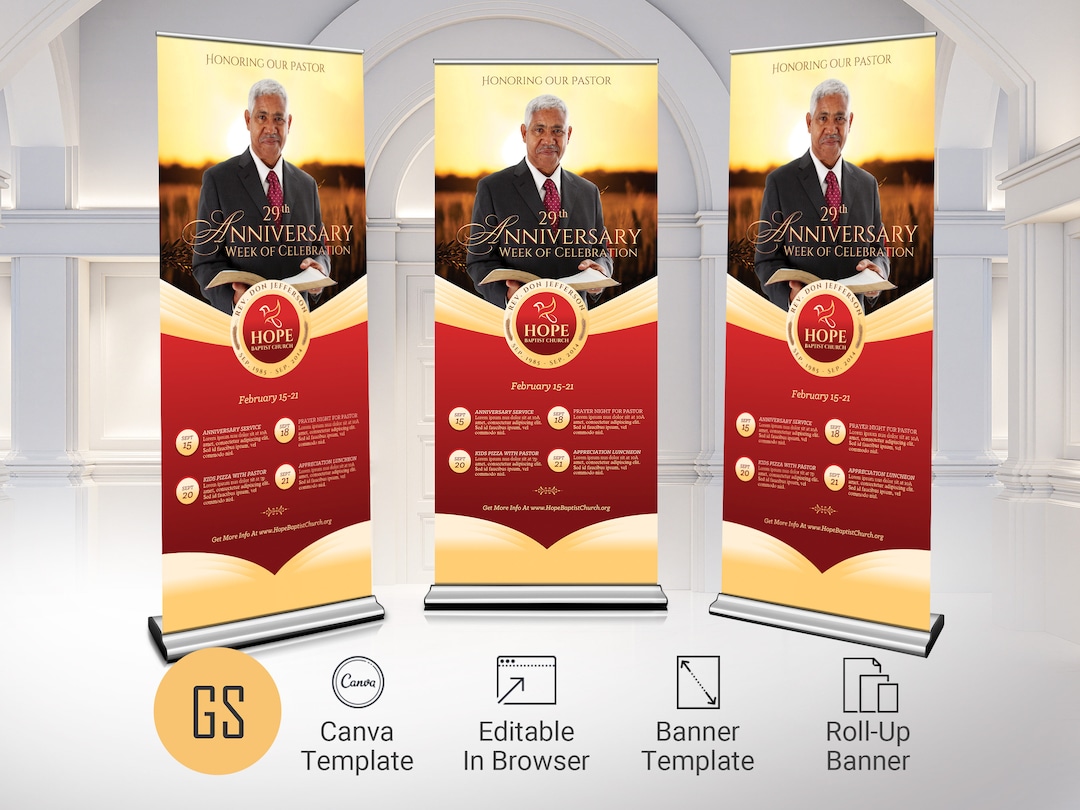 Red Pastor Anniversary Rollup Banner Template for Canva, Red and Gold ...