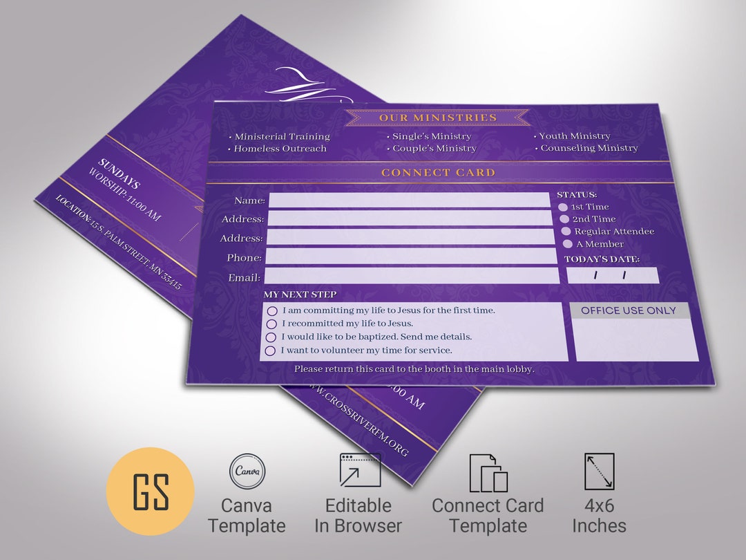 Purple Gold Church Visitor Card Template: Welcome Connect Card (canva ...