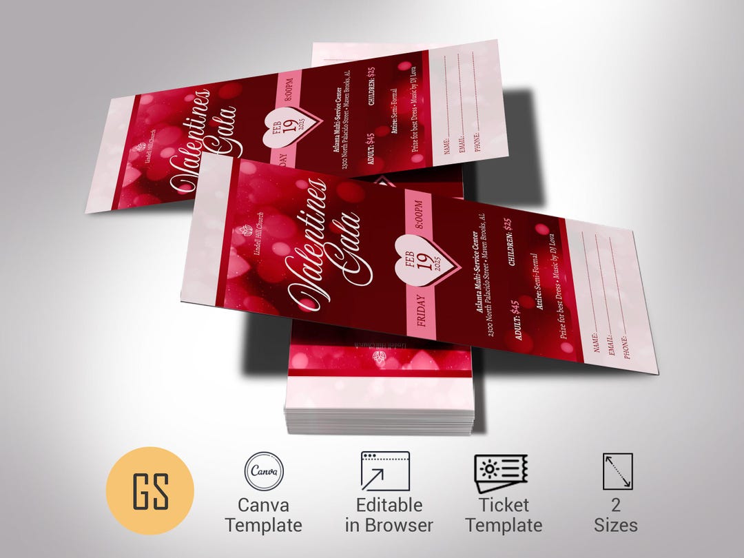 Valentine's Gala Ticket Template: Red & Pink Hearts, Editable Canva ...