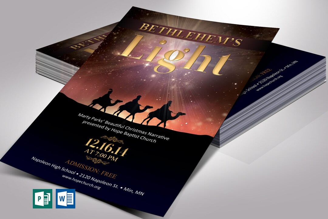 Bethlehem Light Christmas Flyer Template: Gold & Red Wise Men Church ...