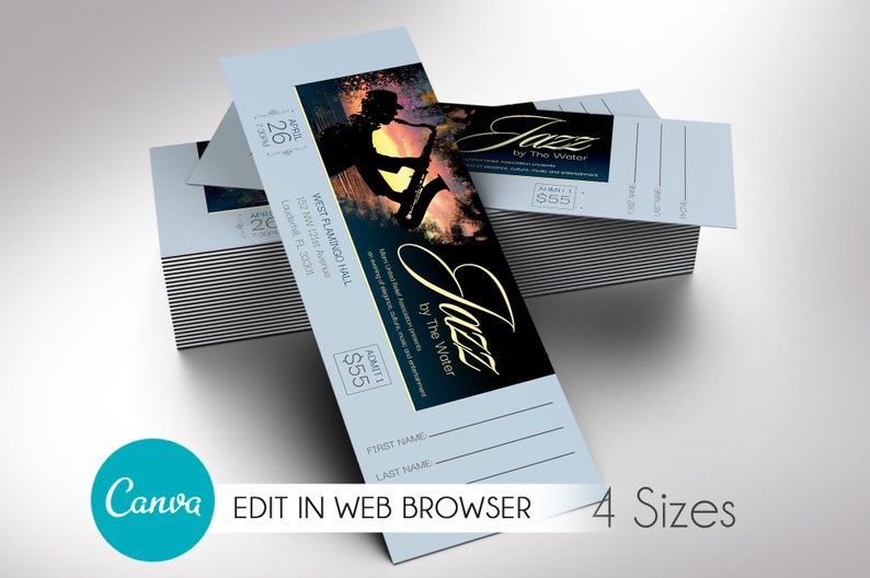 Jazz Concert Ticket Template for Canva: Saxophone Blue and Black Design ...