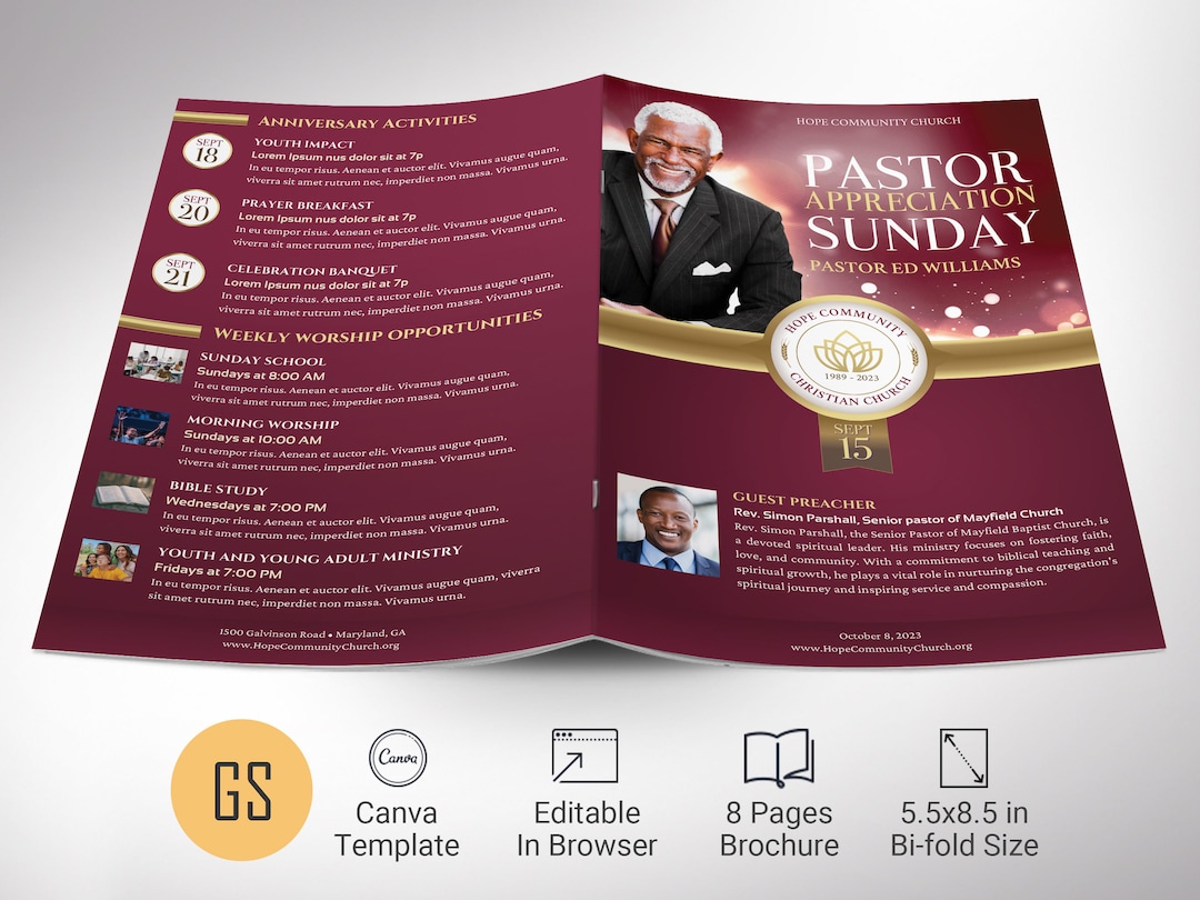 Pastor Appreciation Program Template for Canva, Burgundy Gold ...