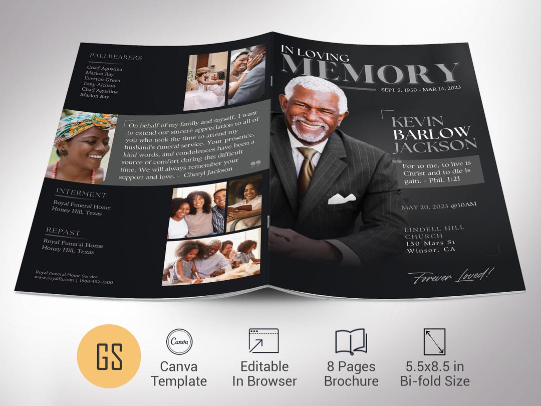 Magazine-style Funeral Program Template: Black & Gray Obituary (canva ...