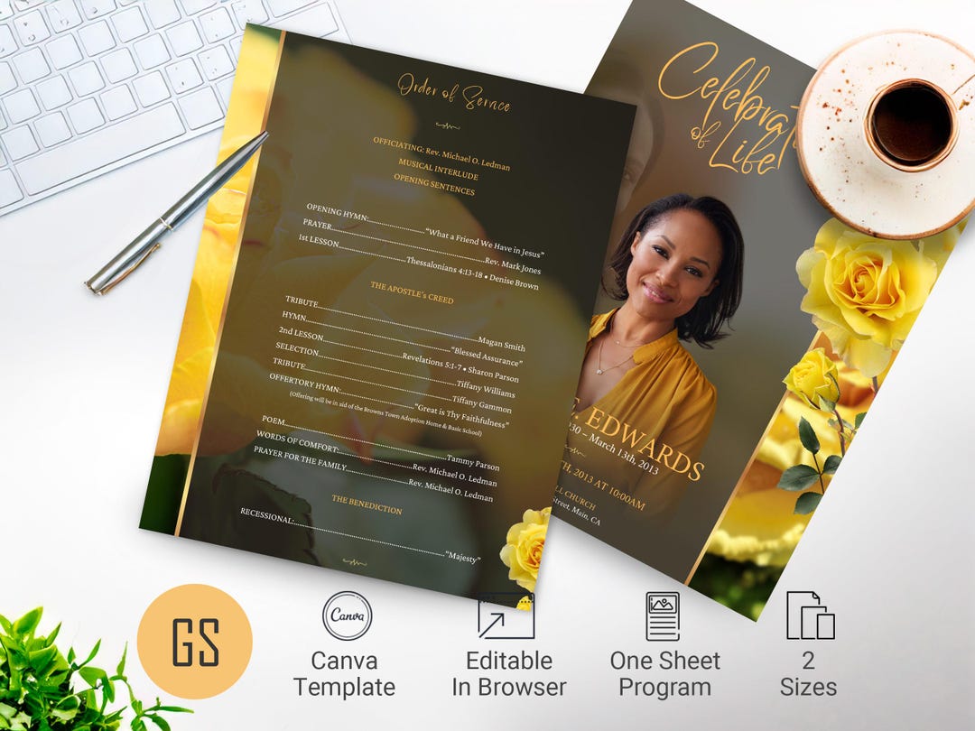 Yellow Rose Funeral Program Template for Canva: One-page Double Sided ...