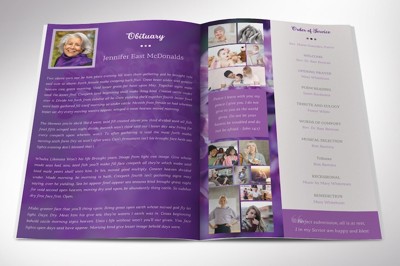 Purple Floral Funeral Program Template | Canva: 8 Page Bifold Memorial ...
