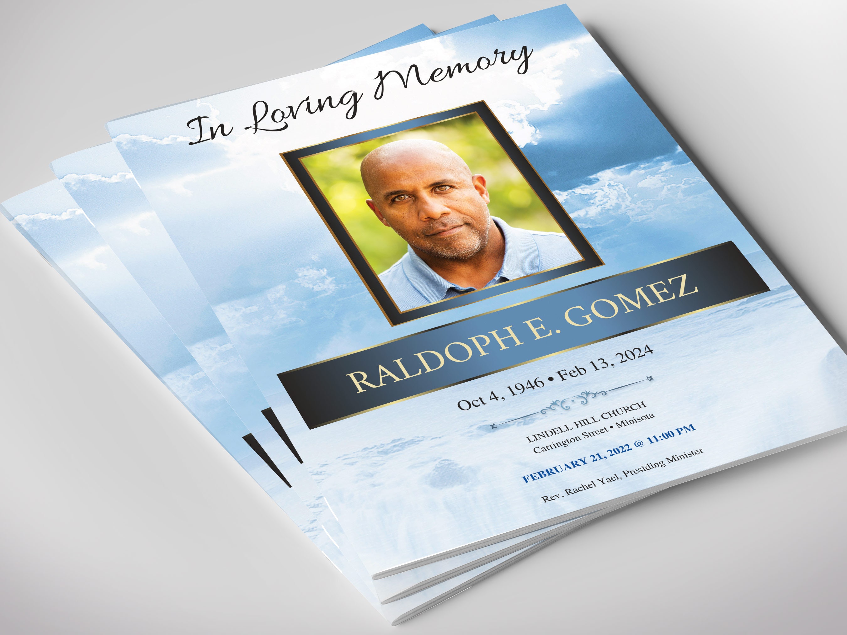Blue Sunrise Funeral Program Template: 8-page Bifold Memorial Obituary ...