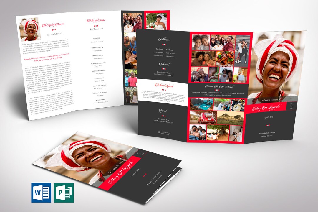 Remember Tabloid Trifold Funeral Program Template Red Black, Word ...