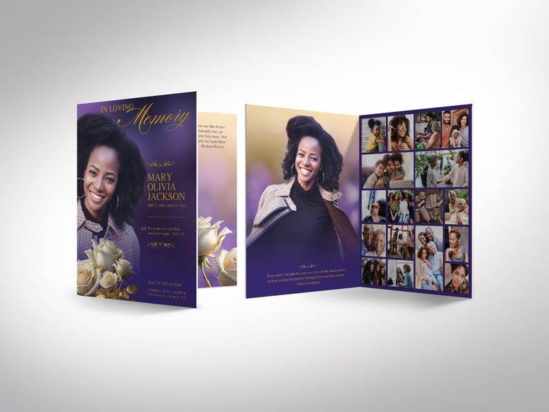 Classic Rose Funeral Program Template: Purple & Gold, 8-page Magazine ...