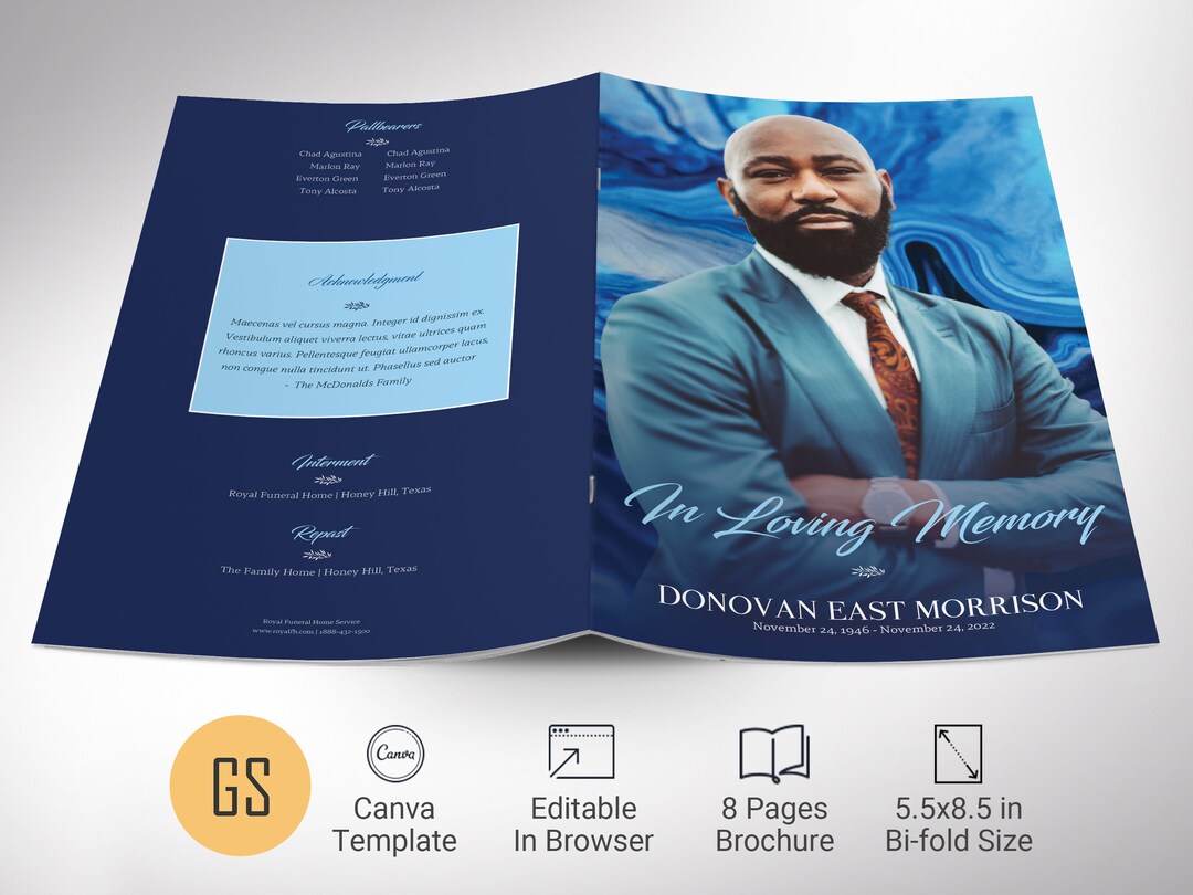 Blue Marble Funeral Program Template for Canva V2, Celebration of Life ...