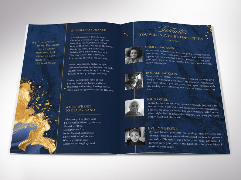 Navy Blue & Gold Funeral Program Template: Celebration of Life (canva ...