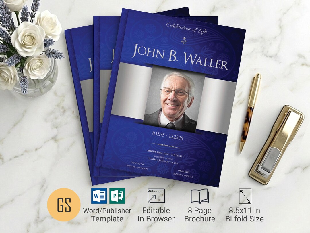 Blue Silver Funeral Program Template: 8 Page Bifold Obituary for Word ...