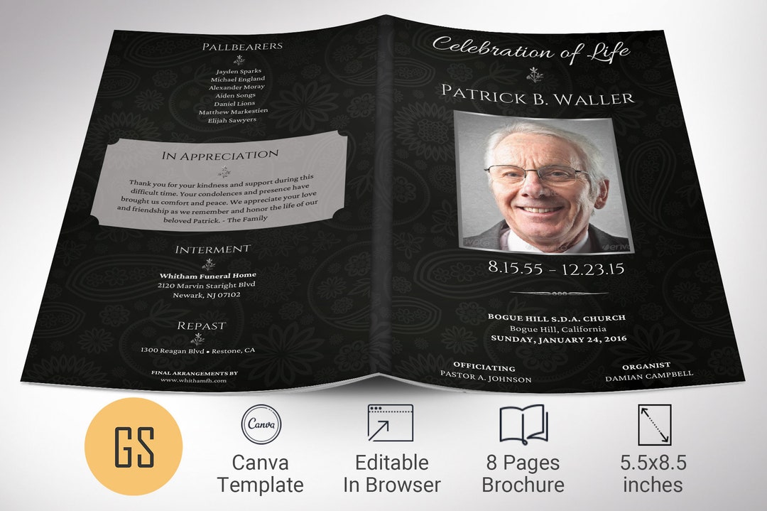 Black Silver Funeral Program Template for Canva V2, Editable Digital ...