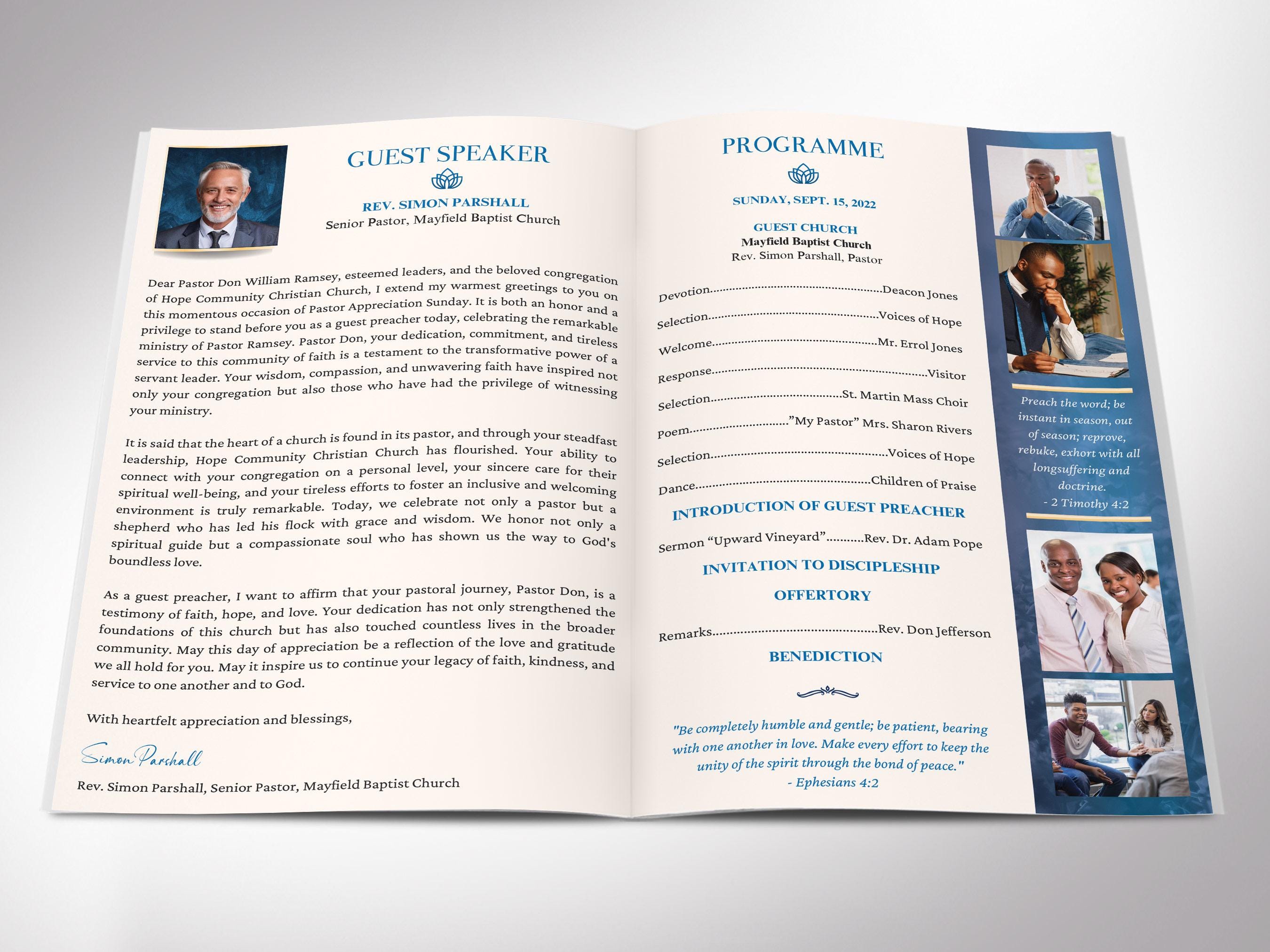 Blue & Gold Pastor Anniversary Program Template: 8-page Bifold Church ...