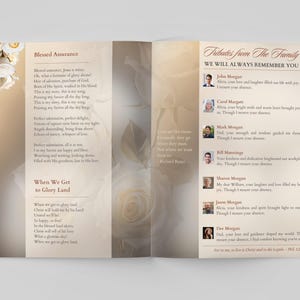 Beige Funeral Program Template for Canva, White Rose Floral, 8-page ...