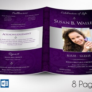 Purple Silver Funeral Program Template Set, Word and Publisher ...