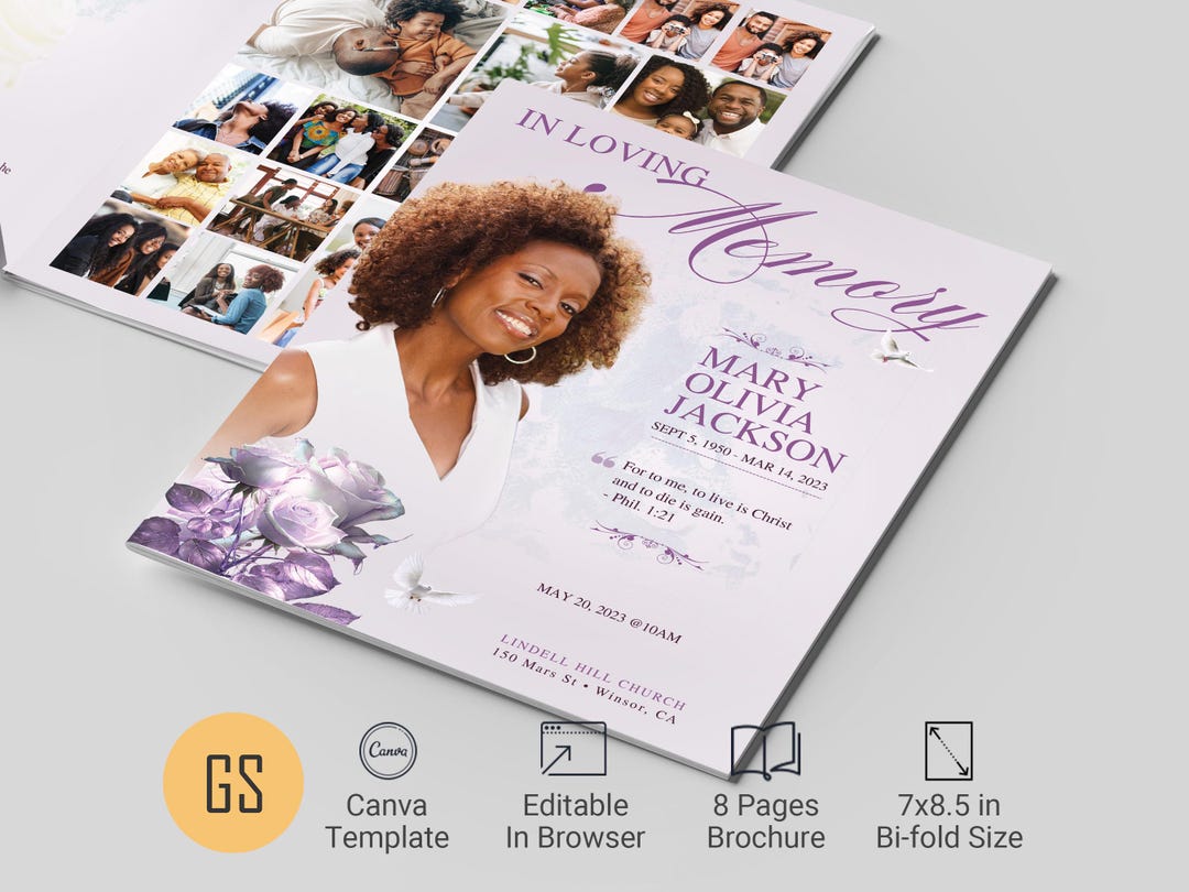Rose Funeral Program Template: Magazine-style Obituary (canva, 7x8.5 ...